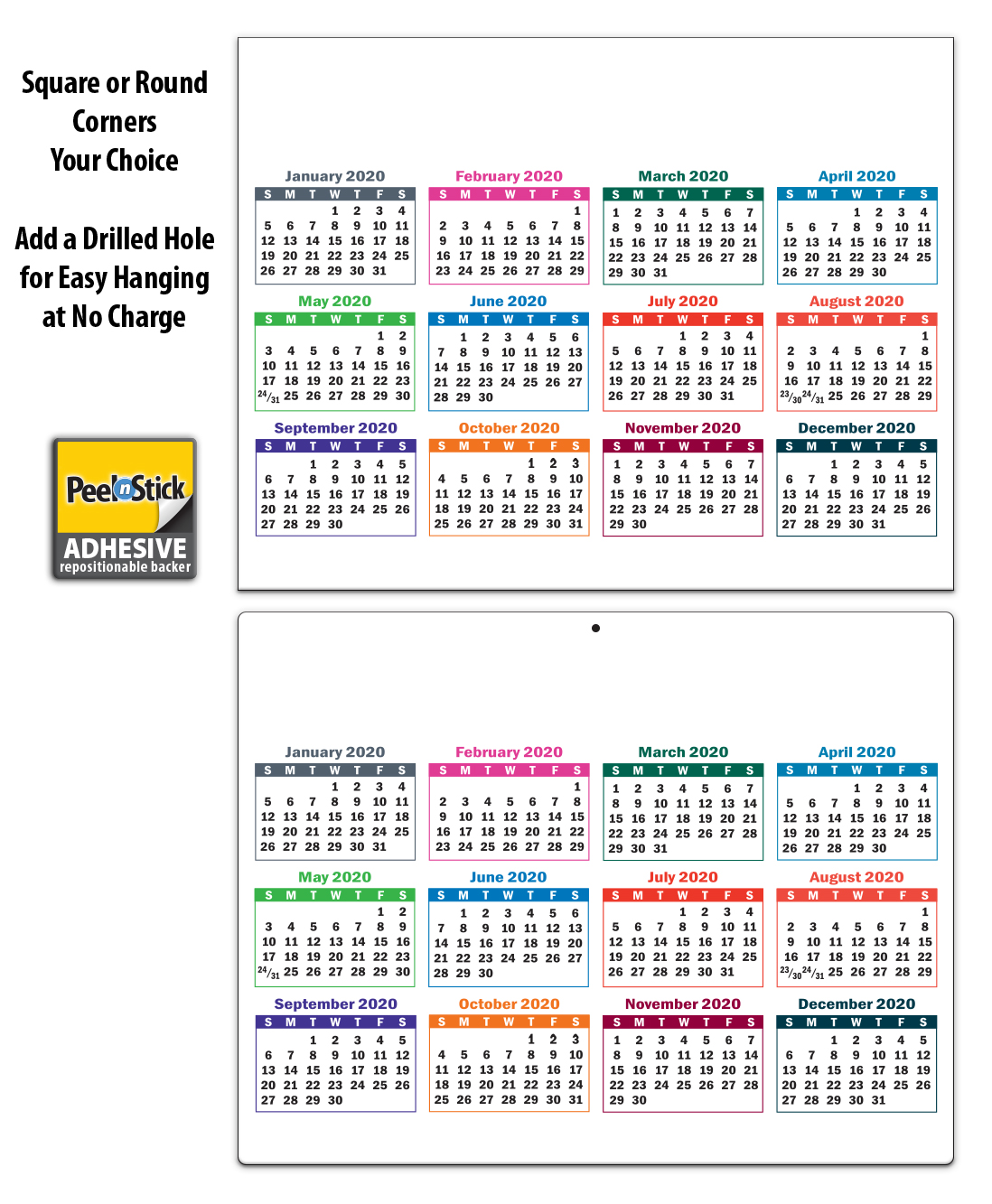 Repositionable Sticky Back Card Calendar, 8.5 x 11 Landscape (Colors ...