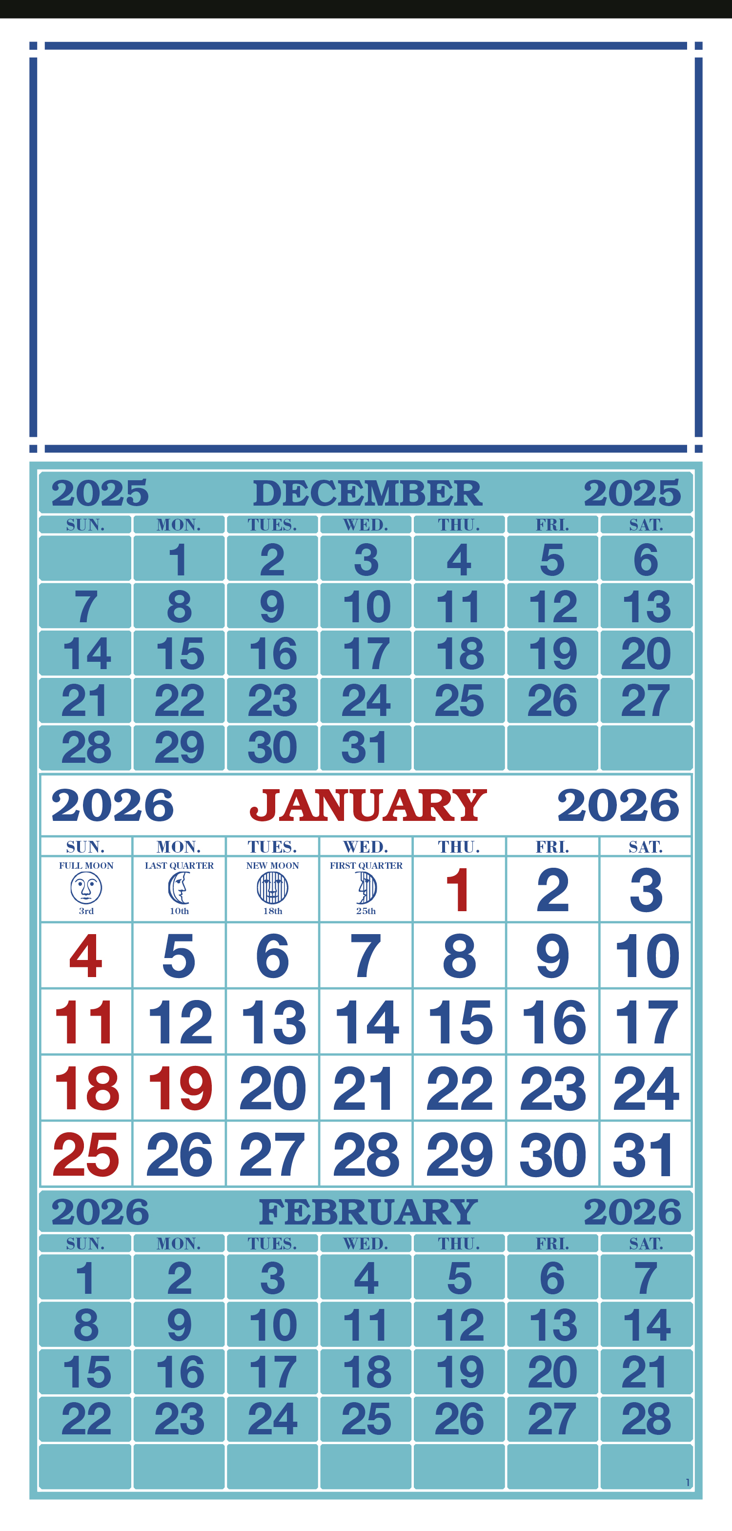 3-Month View Calendar, 13 x 27 (Lt Blue & Red) | ValueCalendars.com