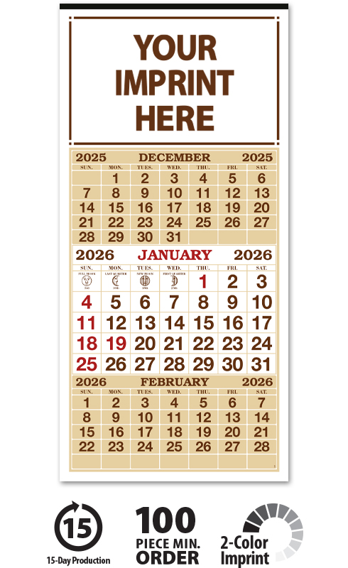 3-Month View Calendar, 13 x 27 (Brown & Red) | ValueCalendars.com