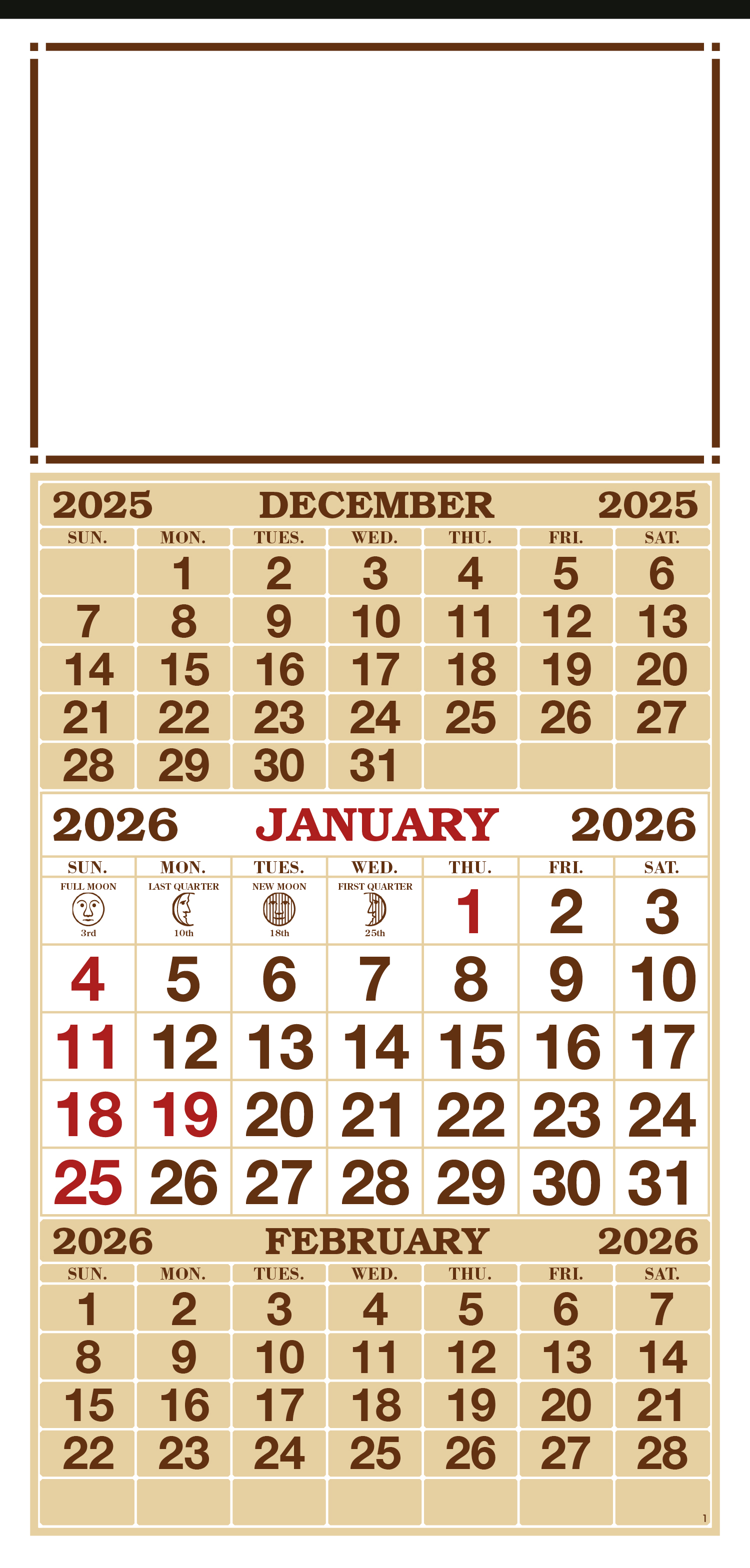 3-Month View Calendar, 13 x 27 (Brown & Red) | ValueCalendars.com