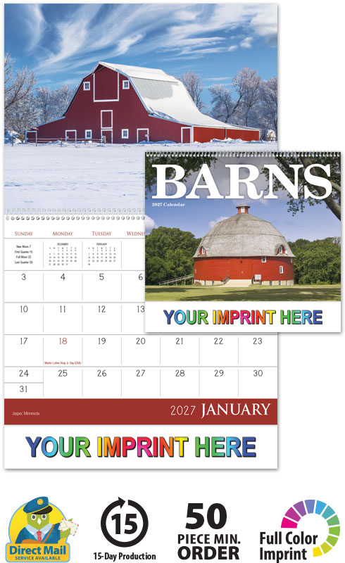2027 Barns Calendar | 11" X 19" Imprinted Spiral Bound; Drop Ad Imprint ...