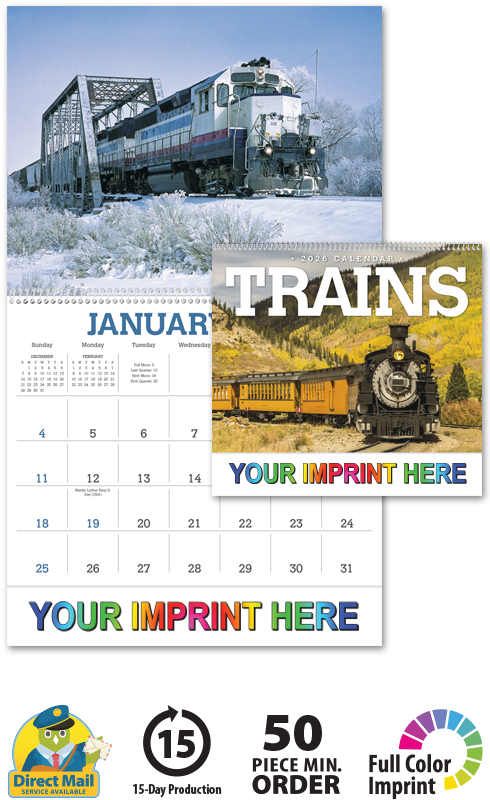 2026 Trains Calendar | 11" X 19" Imprinted Spiral Bound; Drop Ad ...
