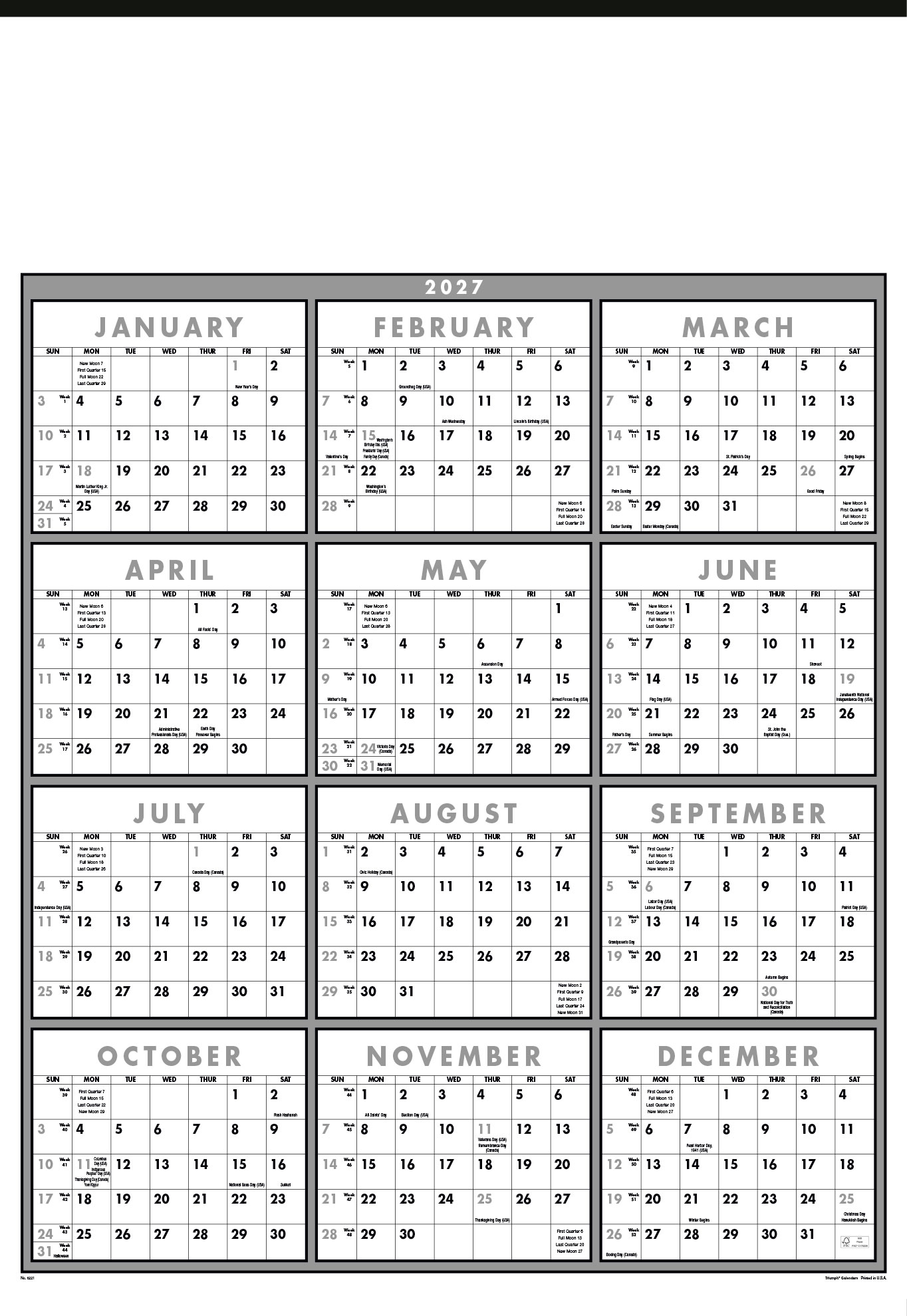 Span-A-Year (Non-Laminated) Calendar, Black & White | ValueCalendars.com