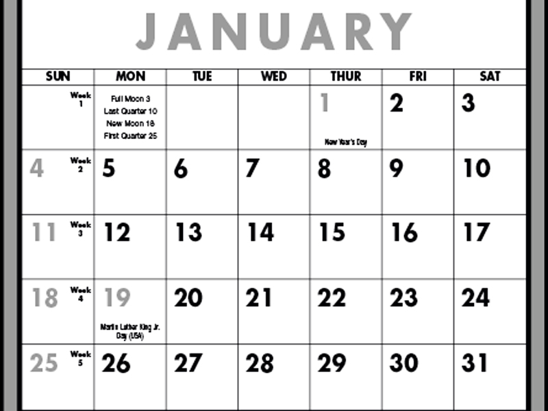Span-A-Year (Non-Laminated) Calendar, Black & White | ValueCalendars.com