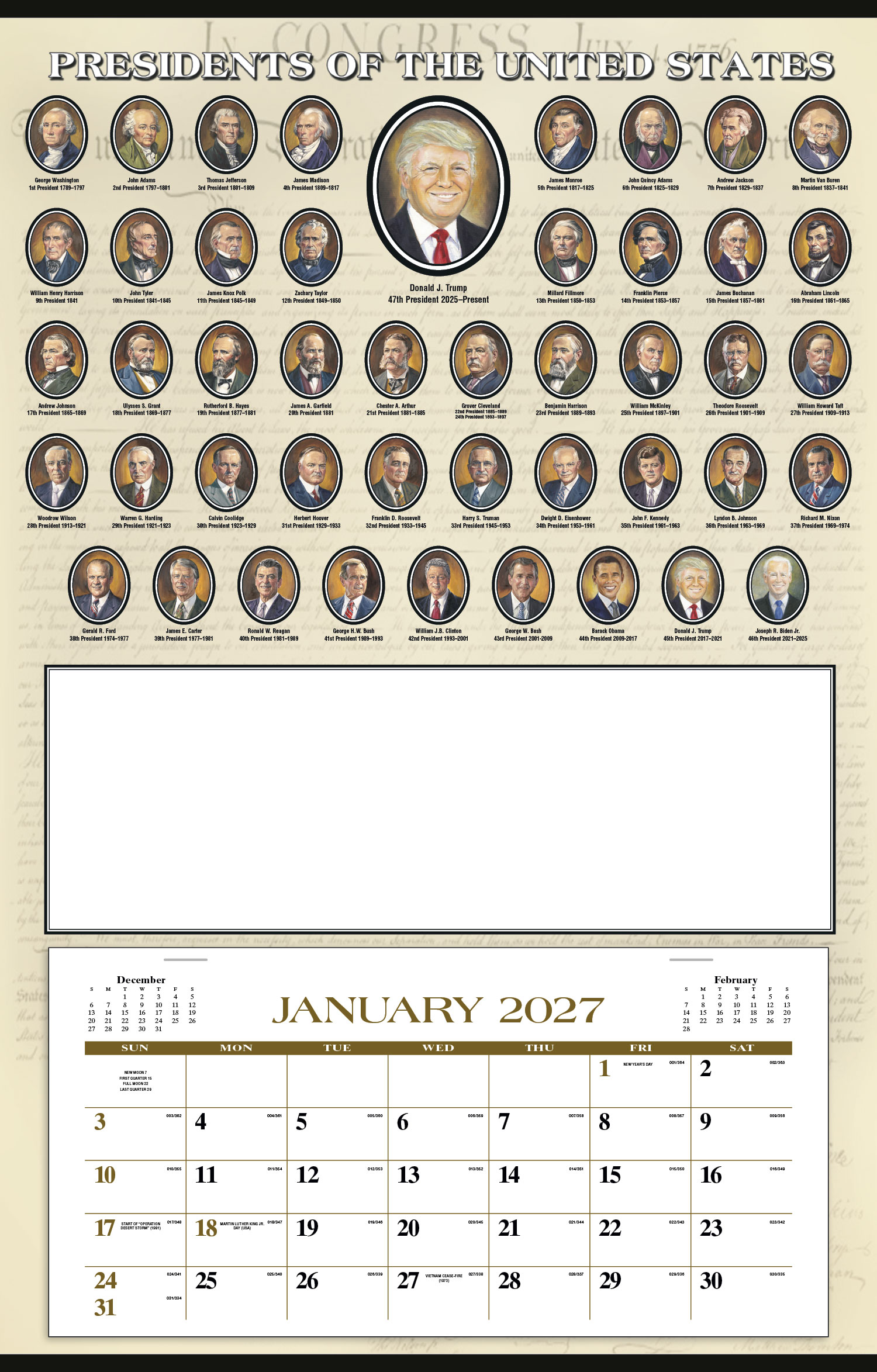 Presidents Hanger with 12-Month Grid | ValueCalendars.com