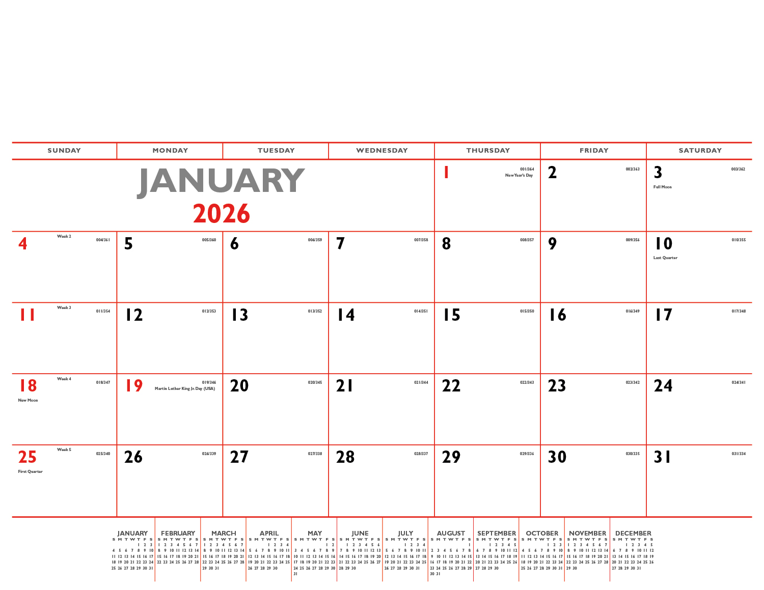 Desk Pad Calendar, Red & Black (No Corners) | ValueCalendars.com