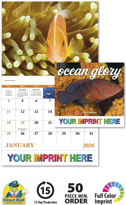 2026 Ocean Glory Calendar | 11" X 19" Imprinted Staple Bound; Drop Ad ...