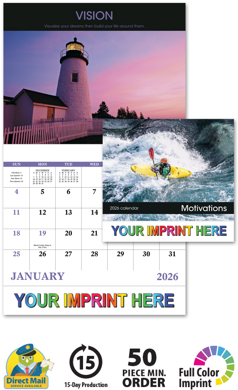 2026 Motivations Calendar | 11" X 19" Imprinted Staple Bound; Drop Ad ...