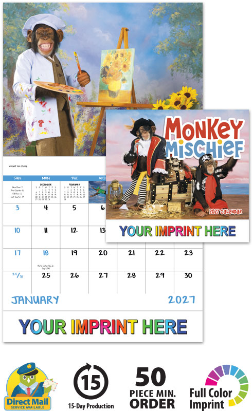2027 Monkey Mischief Calendar | 11" X 19" Imprinted Staple Bound; Drop ...