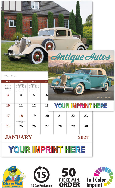 2027 Antique Autos Calendar | 11" X 19" Imprinted Staple Bound; Drop Ad ...