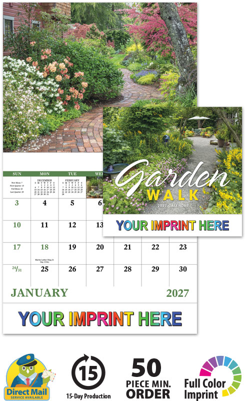 2027 Garden Walk Calendar | 11" X 19" Imprinted Staple Bound; Drop Ad ...